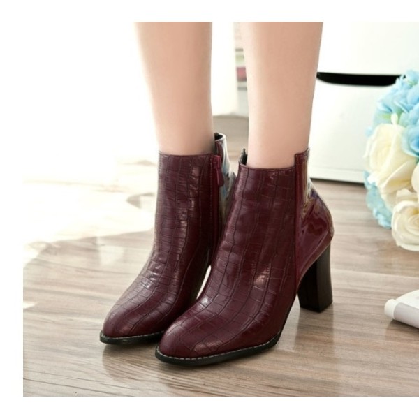 Bottines, bouts pointus, vernies, bordeaux, talons 8 cm, Flore