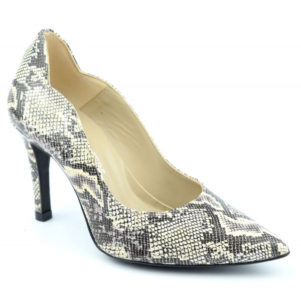 Escarpins Cuir motif serpent, beiges, bouts pointus, Talons 8 cm, Téva ...