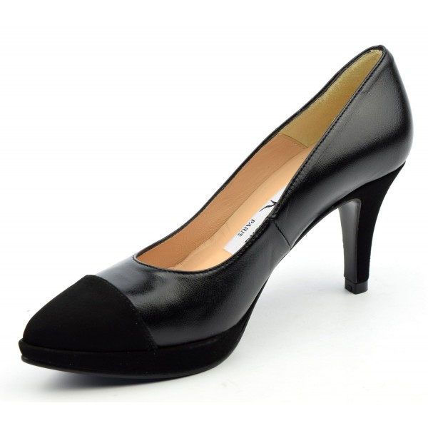 Escarpins bi-matière plateforme, cuir mate noire et daim noire, Yves de ...