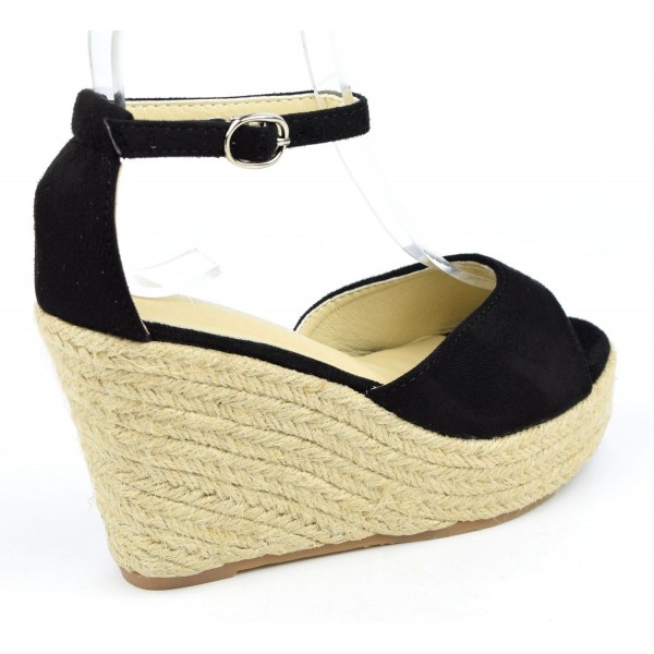 Sandales compensées, aspect daim, noires, Delphinette