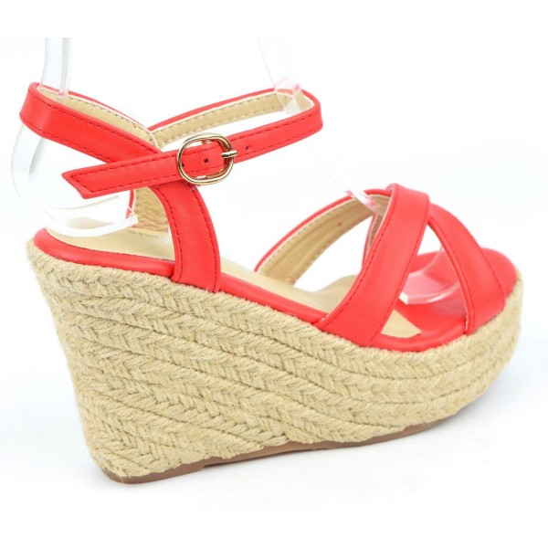 Sandales compensées, aspect cuir mat, rouge corail, Lodeline