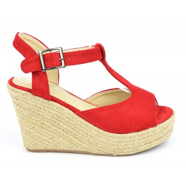 Sandales compensées, aspect daim, rouges, Pakita