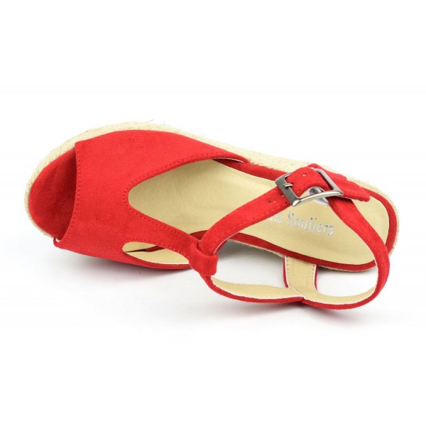 Sandales compensées, aspect daim, rouges, Pakita