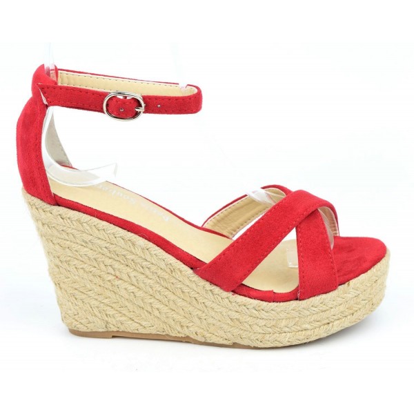 Sandales compensées, aspect daim, rouges, Maisila