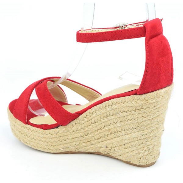 Sandales compensées, aspect daim, rouges, Maisila