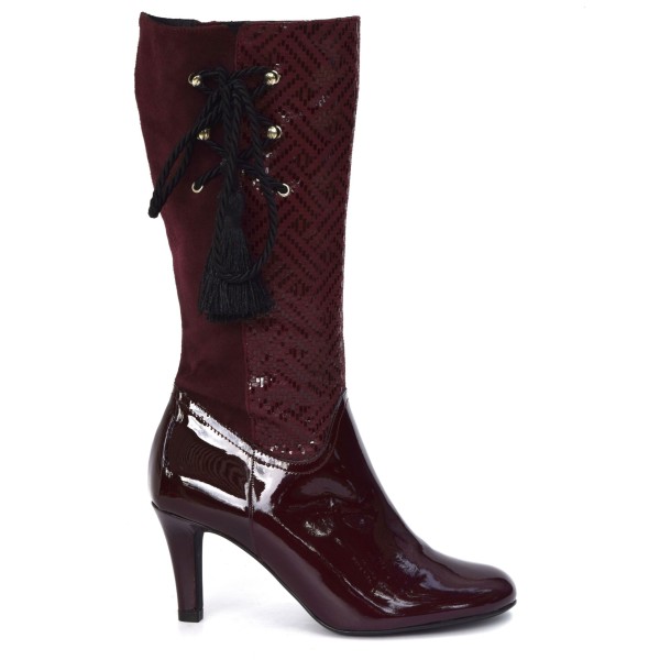 Burgundy patent leather and burgundy patterned leather boot, ZC0277 Zoo ...