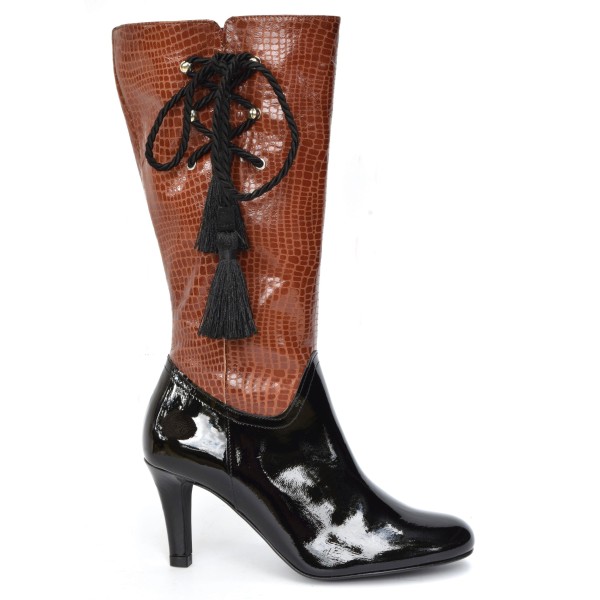 Black patent leather and brown patterned leather boots, ZC0277 Zoo Calzados